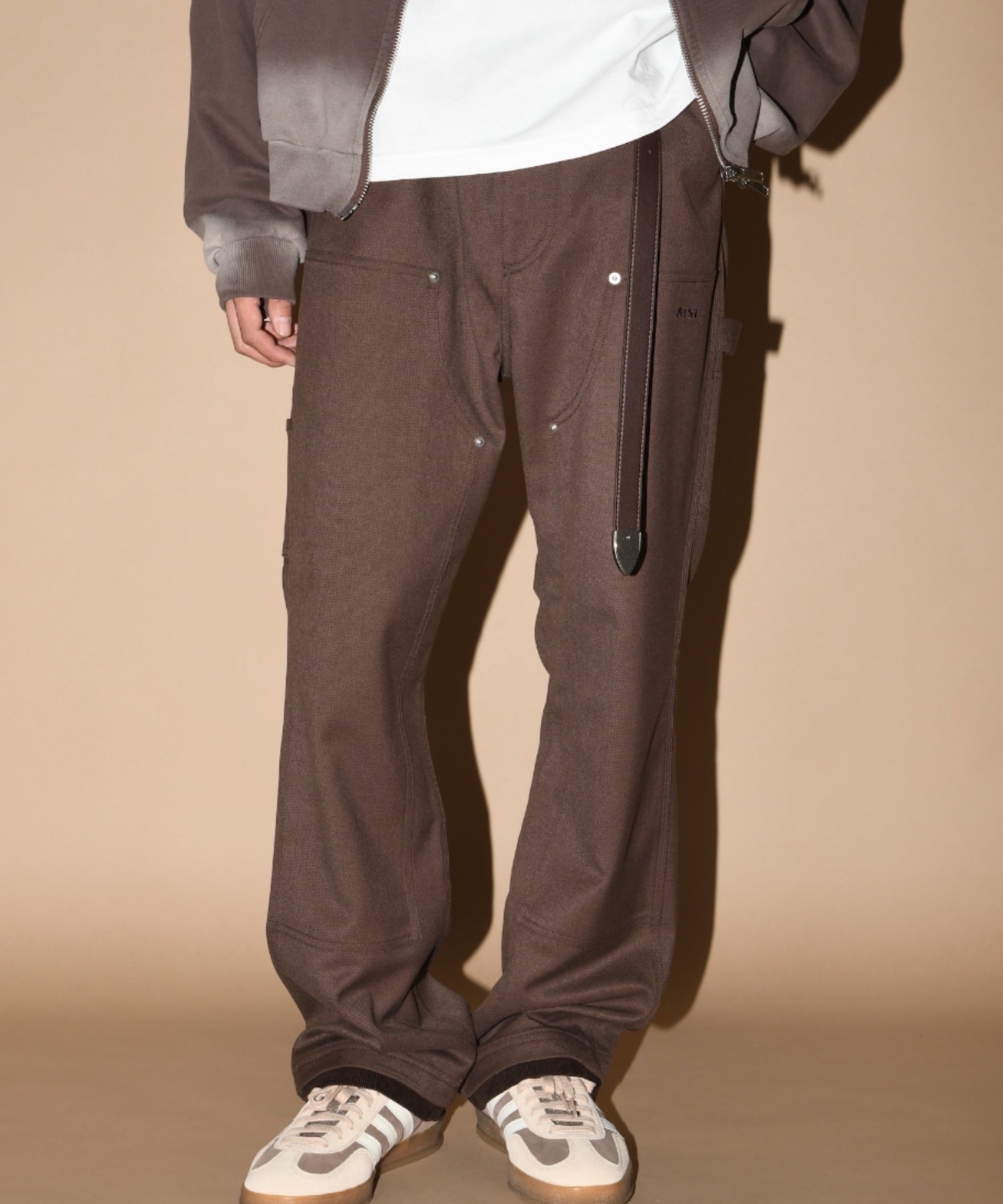 Layered hem Double knee Pants - brown